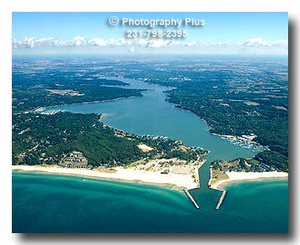 An east to west aerial photo of Lake Macatawa at Holland, Michigan